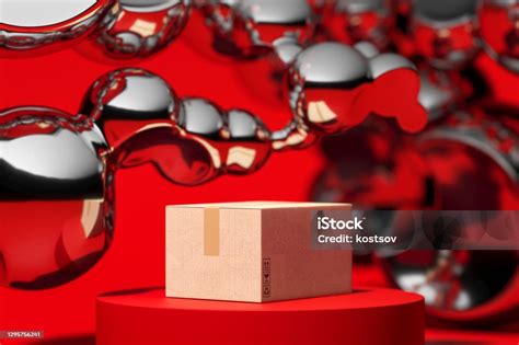 온라인 주문 쇼핑 배달의 개념 빨간색 배경에 수은 또는 은 추상 거품 근처 빨간색 쇼케이스에 골판지 상자 공간을 복사합니다 빈 공간입니다 3d 렌더링 고객에 대한 스톡 사진