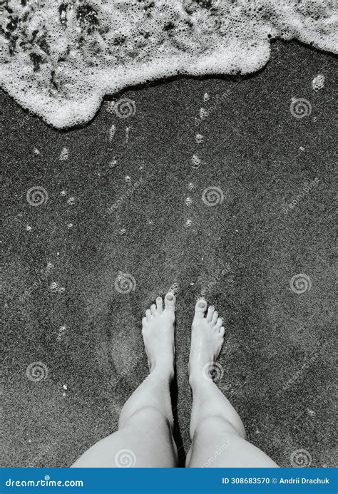 Woman Legs Barefoot At Sea Foam Waves On Sand Beach Summer Day Top