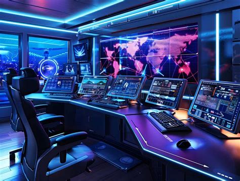 High Tech Control Room With Advanced Digital Screens Stock Illustration Illustration Of