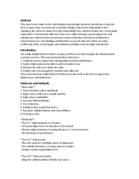 Experiment 10 Lab Report Abstract This Experiment Explores The Relationship Between Light
