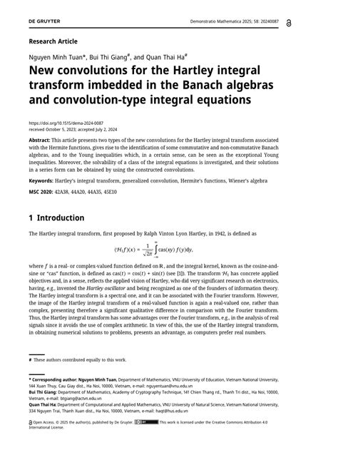 Pdf New Convolutions For The Hartley Integral Transform Imbedded In
