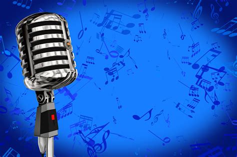 가까이 합성을 배경에서 마이크 스탠드에 크롬 빈티지 스타일 마이크의 있으며 음표 기호는 삽화와 파란색 배경에 마이크에 대한 스톡 사진 및 기타 이미지 Istock