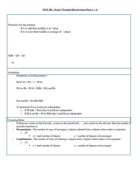 Exam Formula Sheet STAT Exam Formula Sheet Lecture Parts Positions For The