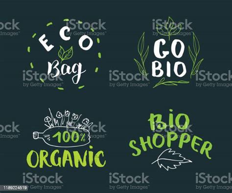 에코 및 바이오 핸드 그린 라벨 세트 환경 친화적 인 스케치 낙서 요소와 서예 레터링 벡터 일러스트레이션 0명에 대한 스톡 벡터