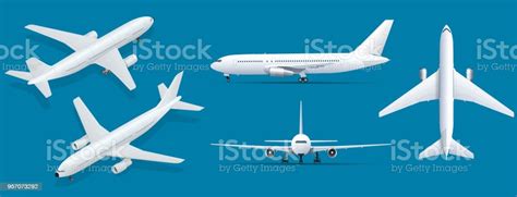 파란색 배경에 비행기입니다 비행기의의 산업 청사진 상단 측면 정면에 아이소메트릭 정기 여객기 평면 스타일 벡터 일러스트입니다 비행기에 대한 스톡 벡터 아트 및 기타 이미지