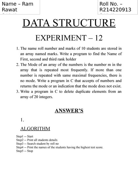 Exp12ds Data Structure Data Structure Experiment 12 1 The Name Roll Number And Marks