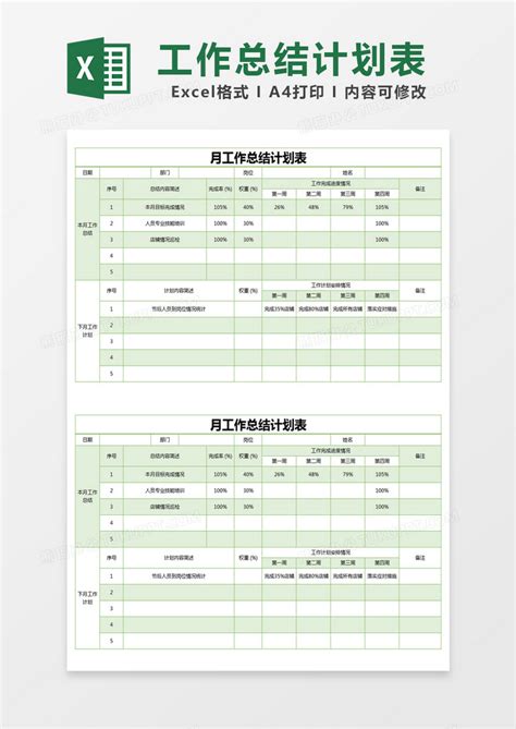绿色简单月工作总结计划表模版excel模板下载熊猫办公