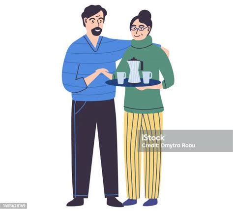 카페에서 커피 한 잔을 마시는 바리스타 커플 컵이 든 쟁반을 들고 서 있는 남자와 여자 개념에 대한 스톡 벡터 아트 및 기타