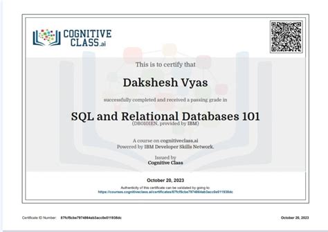 completed sql and relational databases 101 course dakshesh vyas