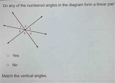 Do Any Of The Numbered Angles In The Diagram Form A Linear Pair Yes No Match The Vertical [math]