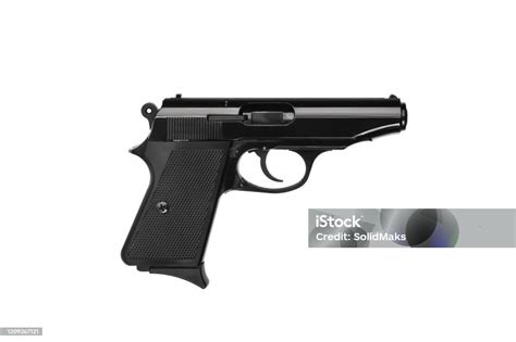 흰색 배경에 고립 된 검은 총 권총 스포츠와 자기 방어를위한 짧은 총열 무기 경찰 단위 특수 부대와 군대에 대한 무장 0명에