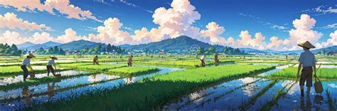 Peaceful Anime Rice Fields With Farmers Working Under A Clear Sky Stock