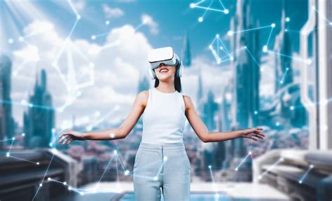 Premium Photo Female Wearing White Vr Headset Enjoy Fantasy Building In Meta Hallucination