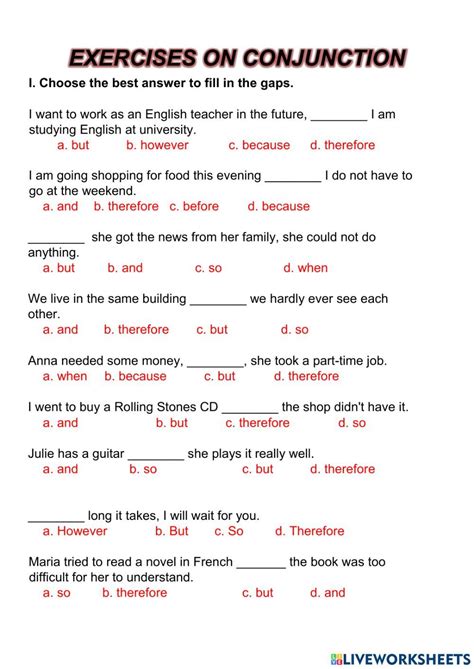Conjunctions Online Exercise For A2 Conjunctions Worksheet