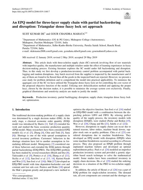 Pdf An Epq Model For Three Layer Supply Chain With Partial Backordering And Disruption