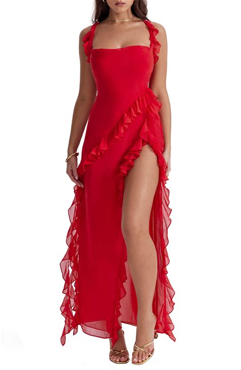 House Of Cb Ariela Ruffle Side Slit Gown In Red Lyst