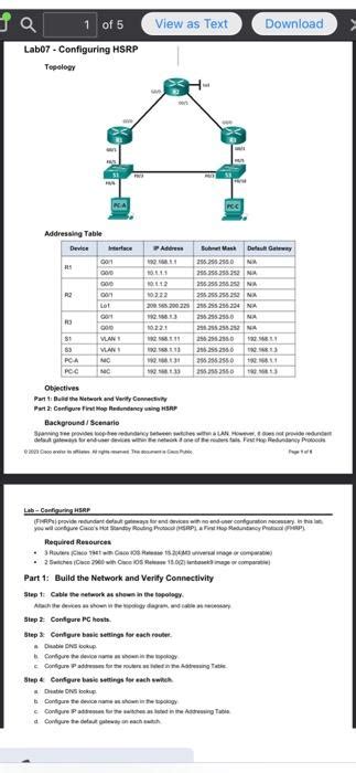 Solved Lab07 Configuring HSRP Tepuloger Achidwavalew Chegg Com