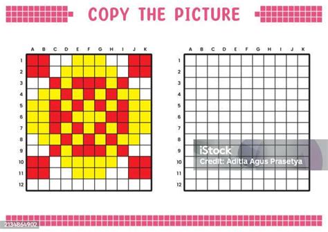 그림을 복사하고 그리드 이미지를 완성합니다 사각형으로 그리는 교육용 워크시트 셀 영역 색칠 유치원 활동 어린이 게임 벡터 일러스트 레이 션 픽셀 아트 빨간 노란색 꽃입니다