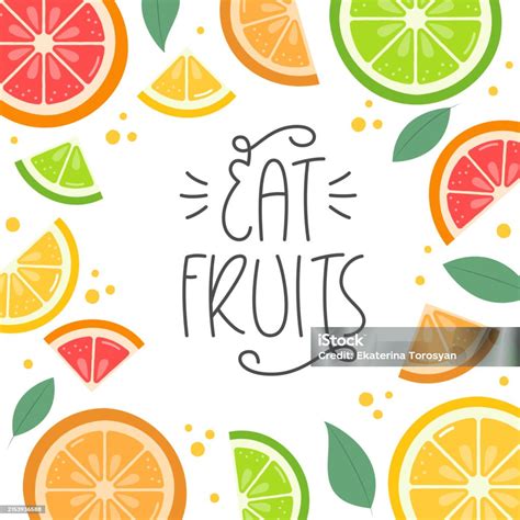 감귤류 배경 벡터 일러스트 레이 션입니다 귀여운 다채로운 여름 과일 프레임 나뭇잎 과일을 먹는다 손으로 쓴 문구입니다 감귤류 과일에 대한 스톡 벡터 아트 및 기타 이미지