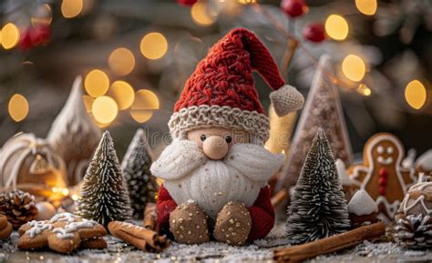 Cute Christmas Gnome With Red Hat And White Beard Surrounded By Festive