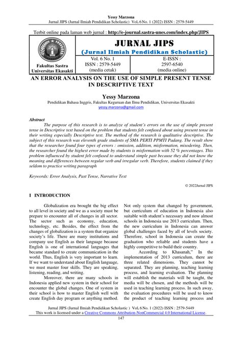 Pdf An Error Analysis On The Use Of Simple Present Tense In