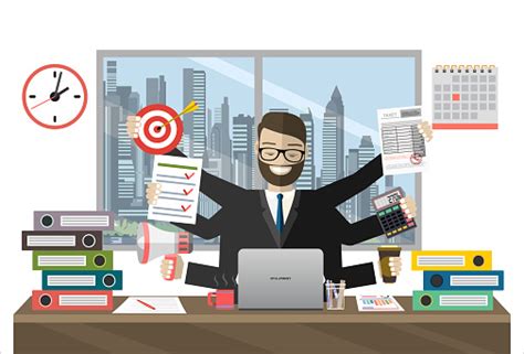 사무실 물건으로 손에 둘러싸인 사업가 멀티태스킹 및 시간 관리 개념 벡터 플랫 디자인 그림입니다 정사각형 레이아웃입니다 개념에 대한 스톡 벡터 아트 및 기타 이미지 Istock