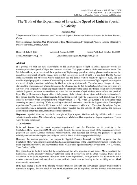 Pdf The Truth Of The Experiments Of Invariable Speed Of Light In Special Relativity