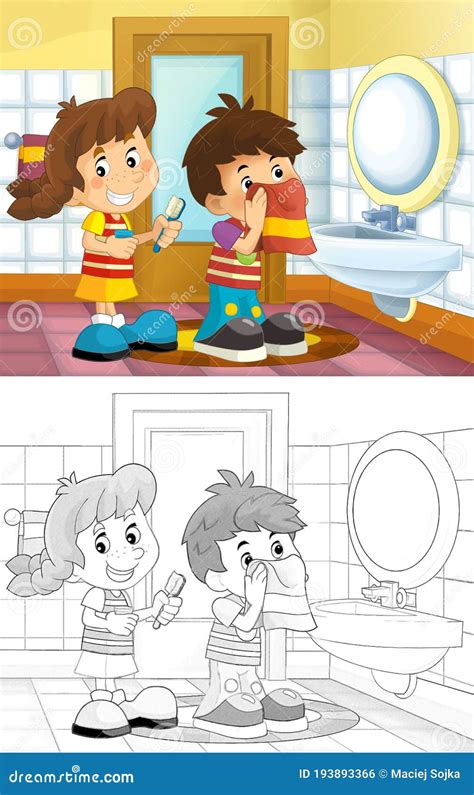 Vignetta Raffigura Bambini Nel Bagno Ragazzo E Ragazza Che Si Lavano La