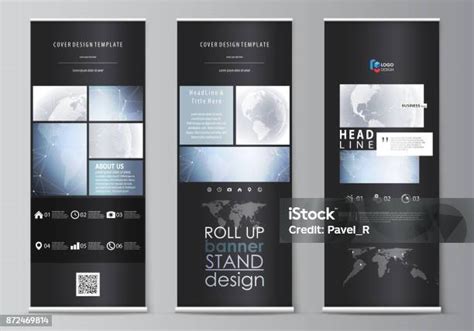 롤 배너 스탠드 수직 전단지를 편집 레이아웃의 검은 색된 벡터 일러스트 레이 션 플래그 비즈니스 템플릿 디자인 미래 네트워크 셰이프를 추상화 합니다 첨단 기술 배경 배너