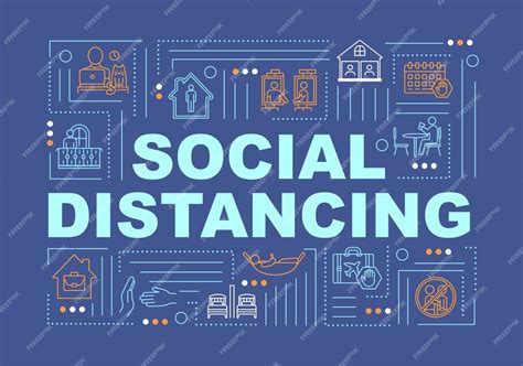 사회적 거리두기 단어 개념 배너입니다 사람과의 접촉을 피하십시오 집에있어 라 파란색 배경에 선형 아이콘으로 인포 그래픽입니다 고립 된 인쇄 술입니다 벡터 개요