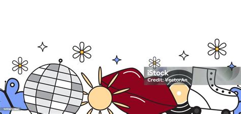 벡터 복고풍 그루비 이음매 없는 테두리 트렌디한 70년대 배경 비닐 레코드 빈티지 롤러 스케이트 디스코 볼 흰색 배경에 입술 벽지 인쇄 섬유 직물 포장 배경 1960