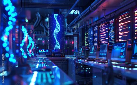 Produce A Detailed Image Of A Cuttingedge Bioinformatics Lab With Computers Analyzing Dna
