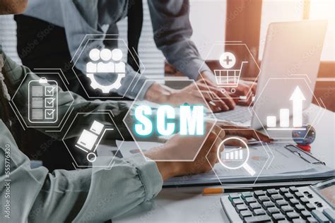 SCM Supply Chain Management Concept Business Person Team Working On Laptop Computer With