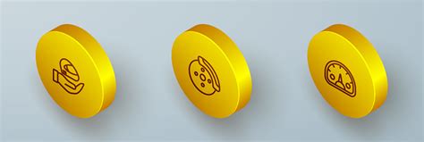 아이소메트릭 라인 레이싱 헬멧 캘리퍼가 있는 자동차 브레이크 디스크 및 속도계 아이콘을 설정합니다 벡터 3차원 형태에 대한 스톡