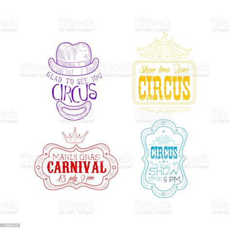 서커스와 마디 그 라 카니발에 대 한 스케치 스타일 엠 블 럼의 벡터 집합입니다 손으로 그린 다른 색상에 서명 한다입니다 원래 로고 템플릿 Mardi Gras에 대한 스톡