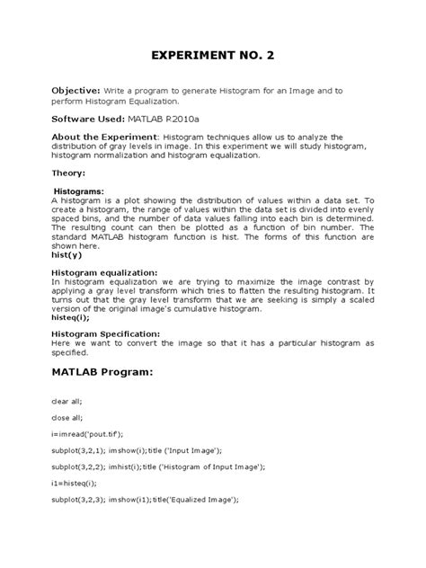 Write A Program To Generate Histogram For An Image And To Perform Histogram Equalization Pdf