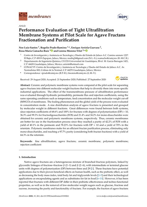 Pdf Performance Evaluation Of Tight Ultrafiltration Membrane Systems At Pilot Scale For Agave