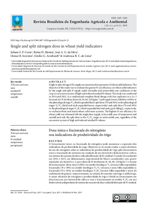 Pdf Single And Split Nitrogen Dose In Wheat Yield Indicators