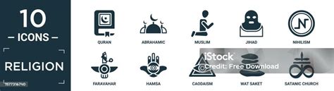 채워진 종교 아이콘 세트입니다 플랫 꾸란 아브라함 이슬람교 지하드 허무주의 파라바하르 함사 카오다이즘 왓 사켓 사탄 교회 아이콘을 편집 가능한 형식으로 포함합니다 0명에