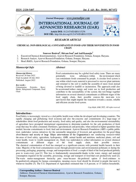 Chemical Non Biological Contaminants In Food And Their Movements In