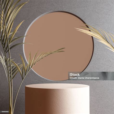 베이지 색 스톤 실린더 연단과 열대 잎 제품 디스플레이를위한 최소한의 추상적 인 장면 3d 렌더링 개체 배치 모형 받침대에 대한 스톡 사진 및 기타 이미지 Istock