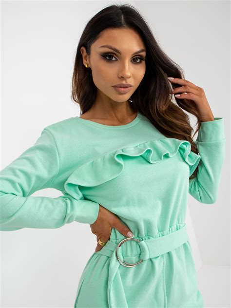 Къса рокля с волан и колан на талията в цвят тюркоаз Marketdirbg