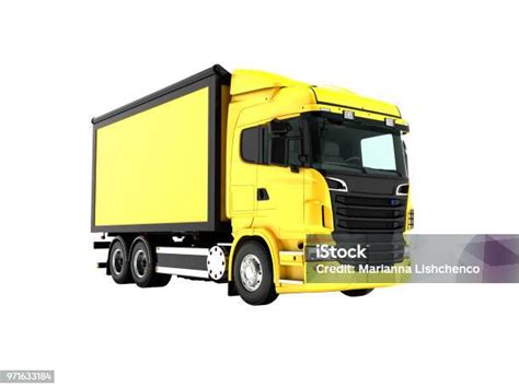 Truk Kuning Dengan Tubuh Kuning Dengan Sisipan Hitam Untuk Transportasi Perspektif Barang Di