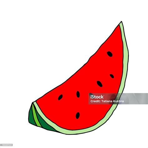 흰색 배경에 분리 된 검은 씨앗이있는 빨간색과 녹색 슬라이스 신선한 수박의 벡터 개요 그림 과일에 대한 스톡 벡터 아트 및 기타 이미지 과일 낙서 드로잉 러시아