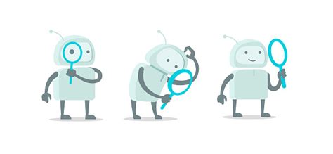 돋보기 확대와 함께 로봇 외계인 문자 집합 와 돋보기 검색 플랫 컬러 벡터 그림 사진 클립 아트 로봇에 대한 스톡 벡터 아트 및 기타 이미지 Istock