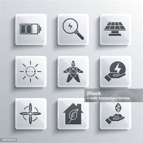 친환경 주택 손에 식물 번개 전기 타워 풍력 터빈 태양 에너지 패널 배터리 및 아이콘을 설정하십시오 벡터 계기판 측정기에 대한