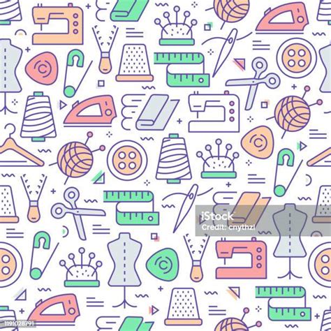 트렌디 한 선형 스타일의 바느질을위한 디자인 템플릿 및 요소의 벡터 세트 재봉과 관련된 선형 아이콘이있는 원활한 패턴 벡터 0명에 대한 스톡 벡터 아트 및 기타 이미지