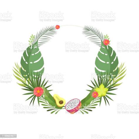 유행 열대 잎 꽃과 과일 우아한 프레임 당신의 텍스트 배너 포스터 결혼식 초대장 여름 인사말 카드 디자인 요소 벡터 일러스트 0명에 대한 스톡 벡터 아트 및 기타 이미지