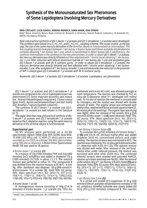 PDF Synthesis Of The Monounsaturated Sex Pheromones Of Some Lepidoptera Involving Mercury
