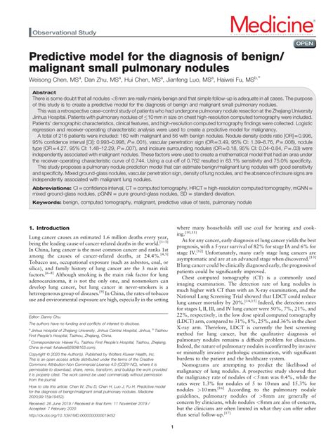 Pdf Predictive Model For The Diagnosis Of Benignmalignant Small Pulmonary Nodules
